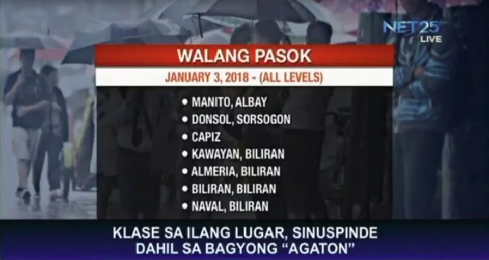 Klase sa ilang lugar, sinuspindedo dahil sa bagyong Agaton - Eagle News