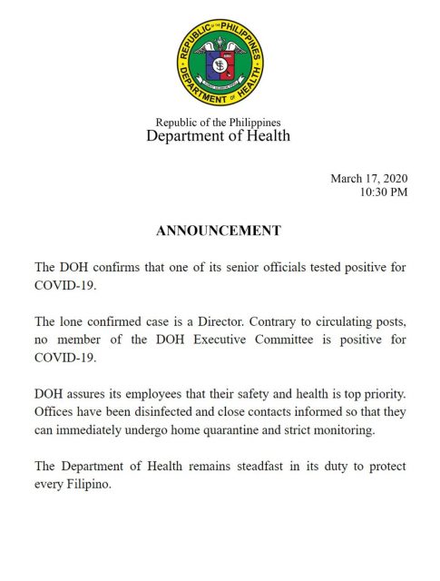 DOH says one of its senior officials has COVID-19