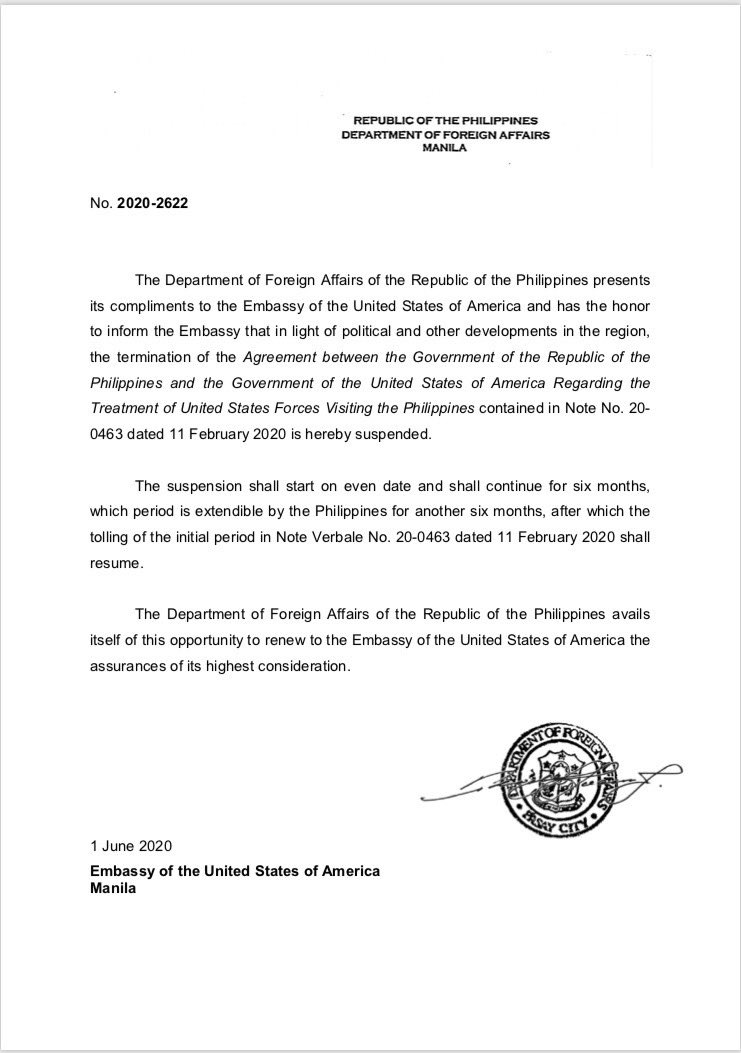 DFA Secretary Locsin Suspension Of VFA Termination Upon President DFA Secretary Locsin Suspension Of VFA Termination Upon President