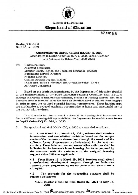 DepEd extends school year for basic education to July 10, 2021