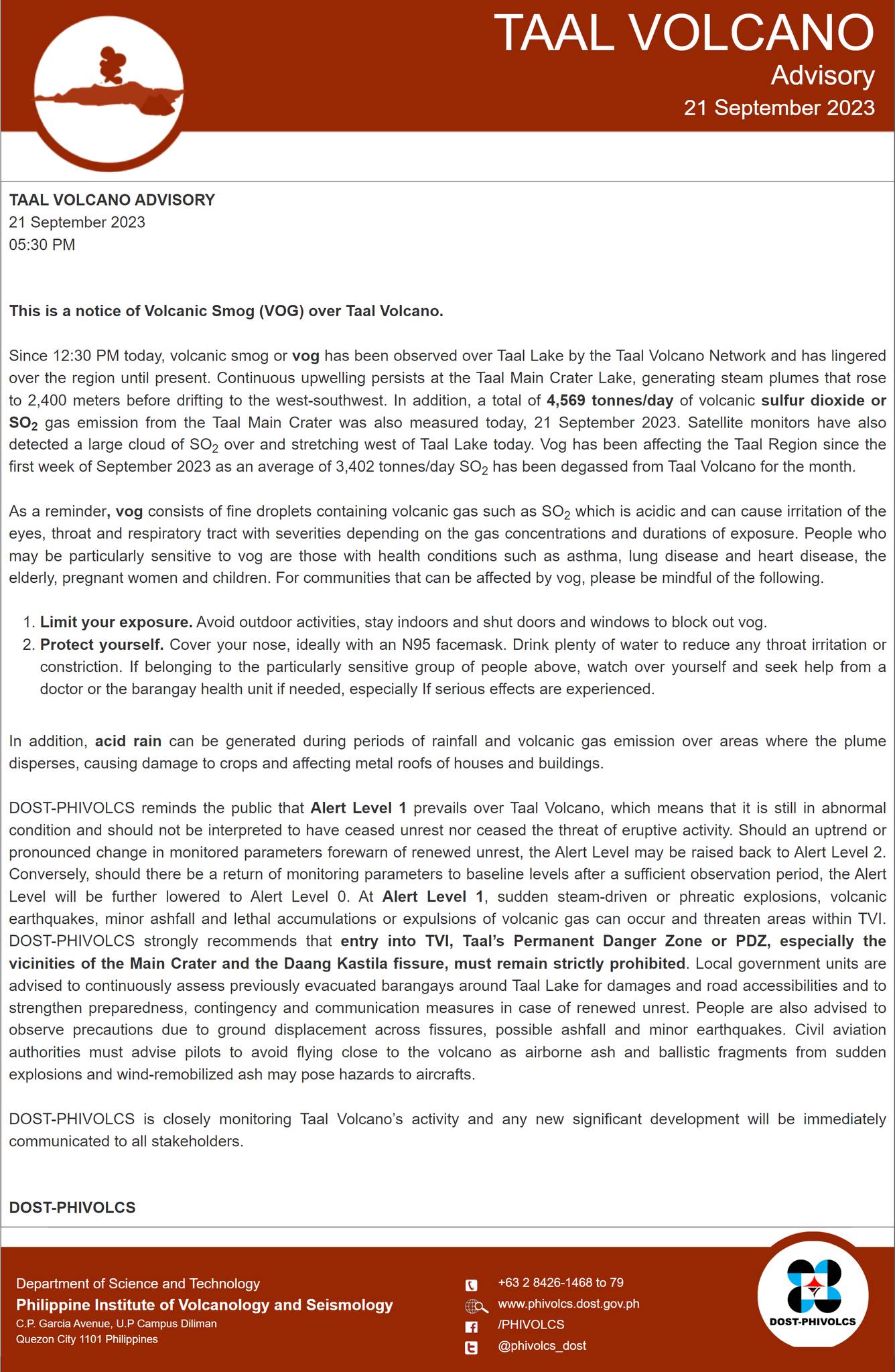 Volcanic Smog (VOG) Alert for Taal Volcano